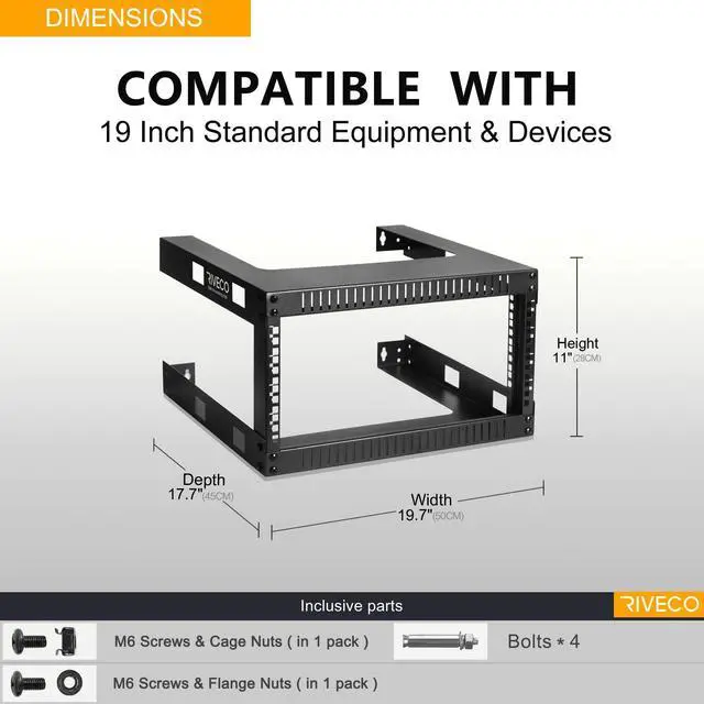 RIVECO 4U 19" Wall Mount Network Rack 17.7" Deep 2 Post Open Frame ...