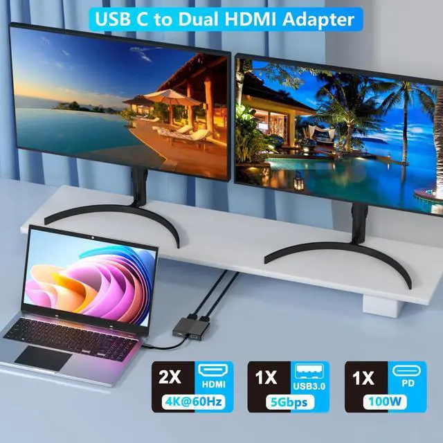 4K@60Hz USB C to Dual HDMI Adapter, HDMI Splitter for Dual Monitors for ...