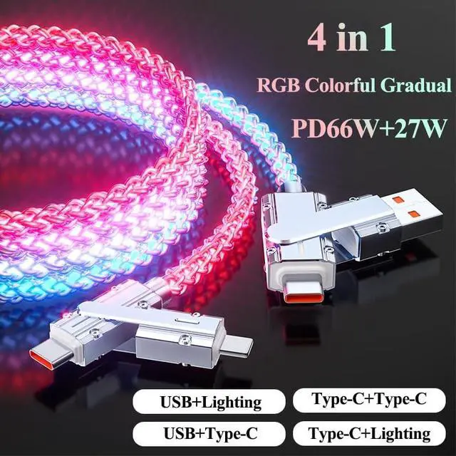 2 Packs 66W 4 in 1 LED Light Up Charging Cable,3.3FT RGB Colorful ...