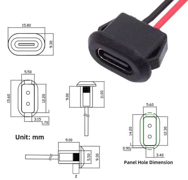 2 Pack 2Pin Open Cable to USB C Female DC 5V 3A Flush Mount Charging ...