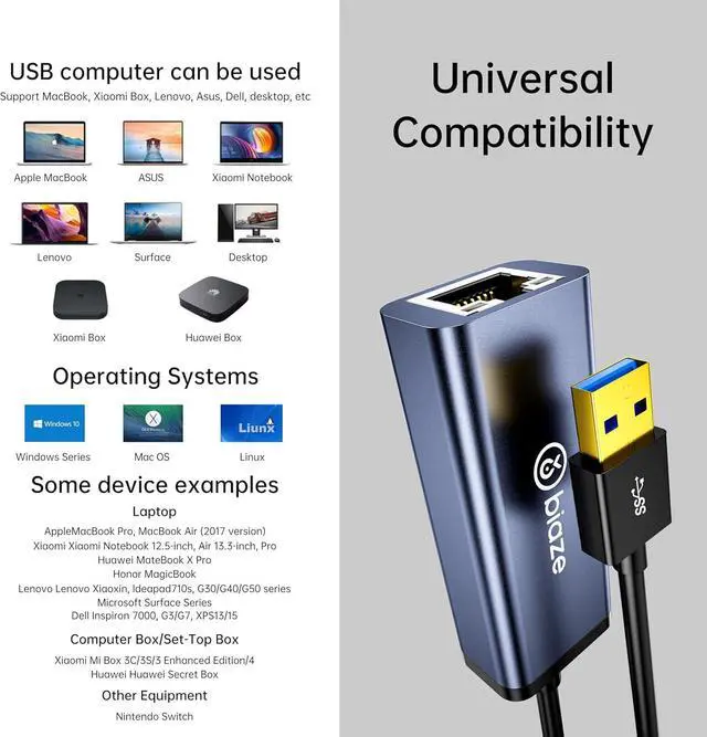 USB 3.0 to RJ45 Gigabit Ethernet Adapter, Plug & Play LAN Network ...