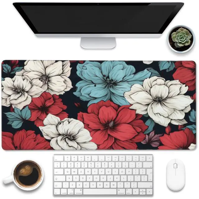 Eflxamz Desk Pad, Red White Blue Flowers Desk Mat, Manga Floral Large ...