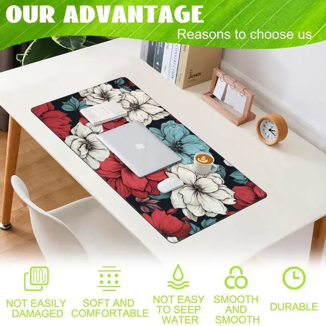 Eflxamz Desk Pad, Red White Blue Flowers Desk Mat, Manga Floral Large ...