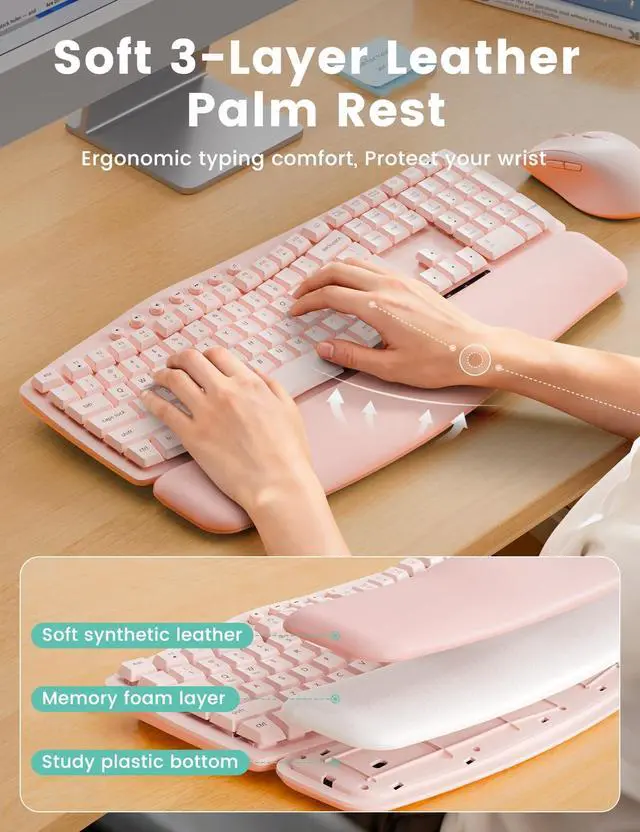 Pink Quiet Wireless Keyboard and Mouse Combo, 2.4G Ergonomic Wave Key ...
