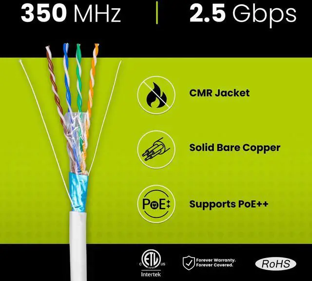 trueCABLE Cat5e Shielded Riser (CMR), 1000ft, White, 24AWG Solid Bare ...