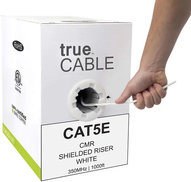 trueCABLE Cat5e Shielded Riser (CMR), 1000ft, White, 24AWG Solid Bare ...