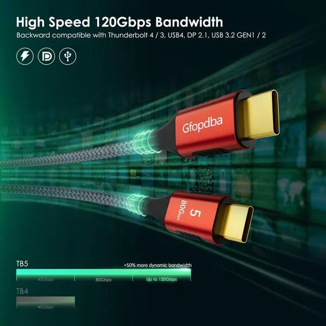Thunderbolt 5 Cable 2.3FT Compatible, 80Gbps, 120Gbps Bandwidth, PD ...