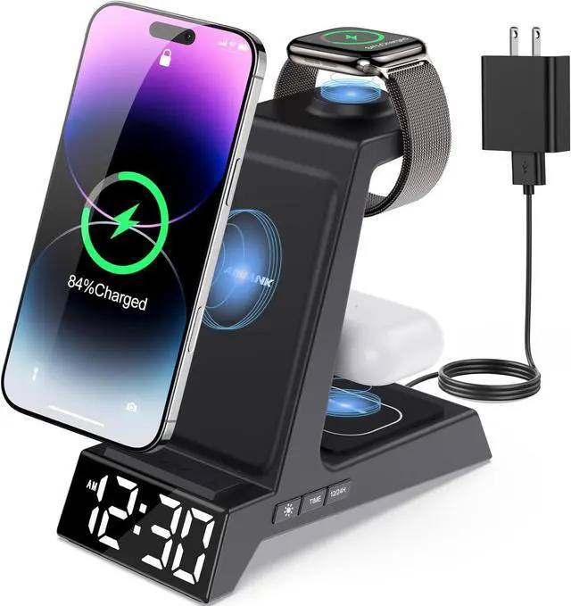 4 in 1 Wireless Charging Station Alarm Clock Charging Dock for Devices ...