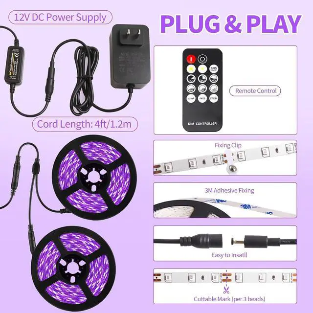 50 Foot Black Light Strip & Remote 900LEDs Dimmable 12V Flexible Black ...