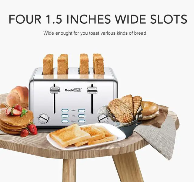Geek Chef Stainless Steel Toaster 4 Slice, with Extra Wide Slots for ...