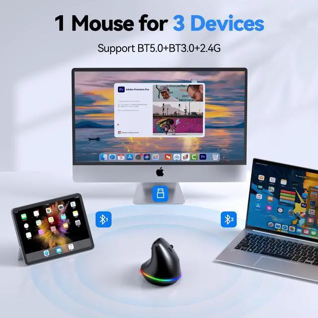 TECKNET RGB Wireless Ergonomic Mouse Rechargeable - USB+Bluetooth Muti ...