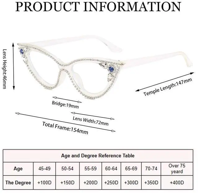 ICARA Sparkling Crystal Retro Cat Eye Frame Bling Rhinestone Reading ...