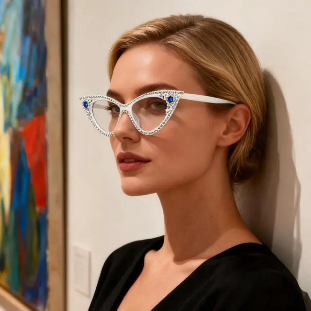 ICARA Sparkling Crystal Retro Cat Eye Frame Bling Rhinestone Reading ...