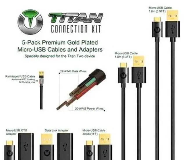 Titan Two Device Connection Kit [5-Pack] Premium Gold Plated Micro-USB ...
