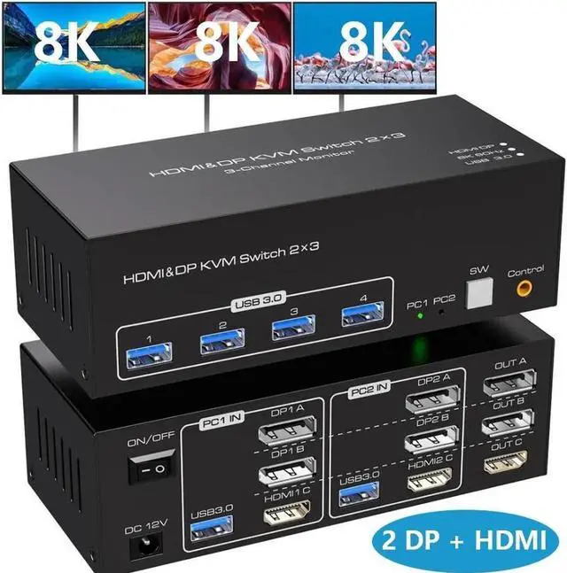 8K 2 Displayport + HDMI USB 3.0 KVM Switch 3 Monitors 2 Computers, 8K ...