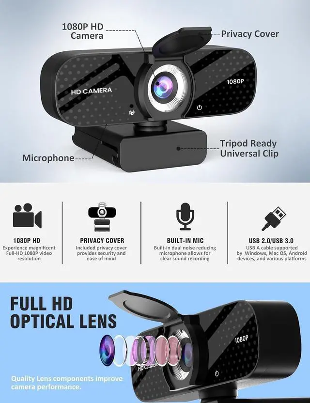 Full HD 1080P Webcam with Built-in Mic Wide Angle & Auto Focus Privacy ...