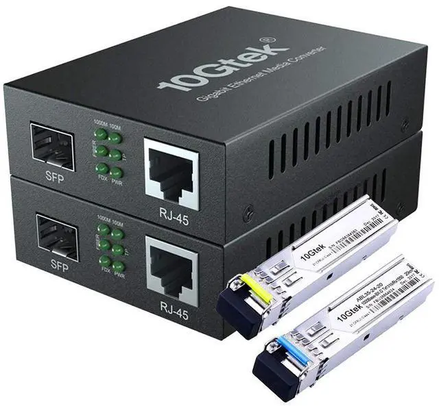 a Pair of Gigabit Ethernet Bidi Media Converter, SingleMode Single LC Fiber to Ethernet RJ45 ...