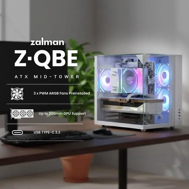 Zalman ZQBE ATX Mid Tower PC Case, 3 x PWM ARGB Fans with Multi-Port ...