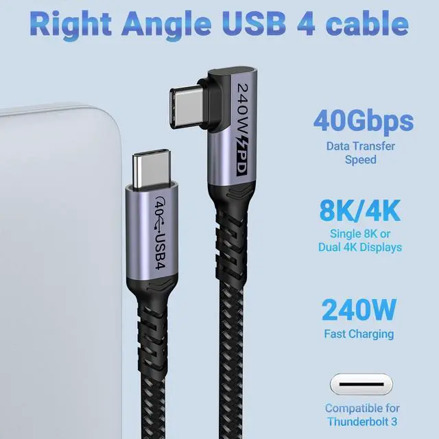 SUMPK USB4 Cable 3.3FT 2 Packs, 240W USB C to USB C Cable Right Angle ...