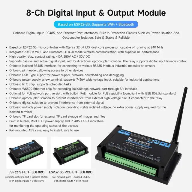 Waveshare Industrial 8-Channel ESP32-S3 WiFi Relay Module, Isolated ...
