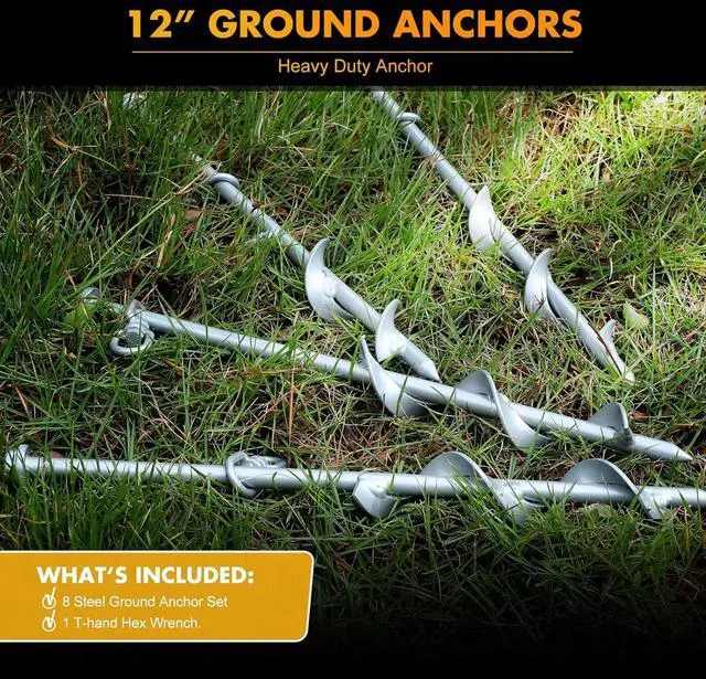 Zhengmy 8 Pcs Ground Anchors Screw in, 12 Inch Heavy Duty Tent Stakes with Trampoline Anchor ...