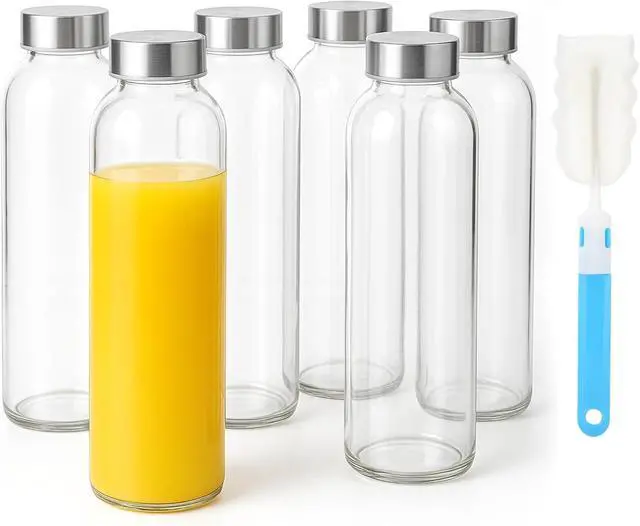 Sursip 24oz Glass Water Bottle Set of 6, Leak Proof Clear glass juice bottle for juicing ...