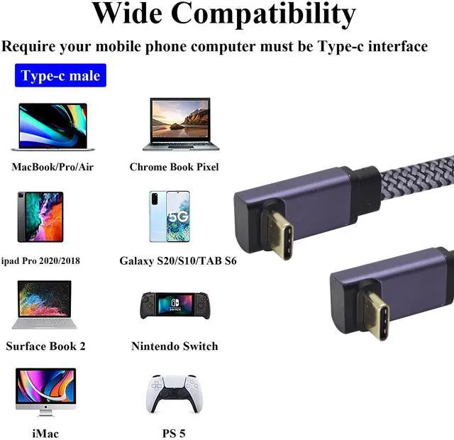 Vszerda Flat Braided Double USB C 3.1 Male 90Degree Up&Down Angle 3.1 ...