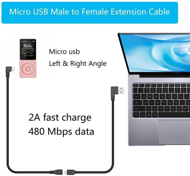Vszerda Short Micro USB Extension Cable 9inch, 90 Degree Micro USB Left ...