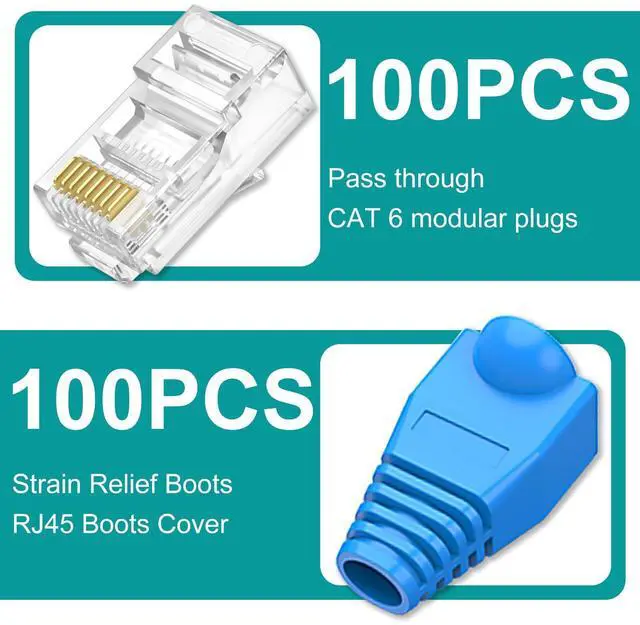 Brileine 100-Pack Cat 6 Pass Through RJ45 Connectors with RJ45 Boots ...