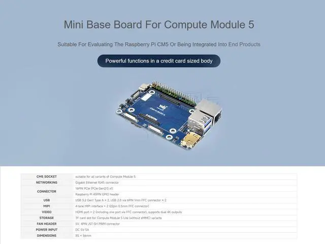 Mini Base Board for Raspberry Pi CM5 Lite/eMMC Series Module, Compute ...