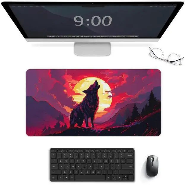 QEOPGNE Large Mouse Pad Gaming Wolf Red Sun Aesthetic Animal Fantasy ...