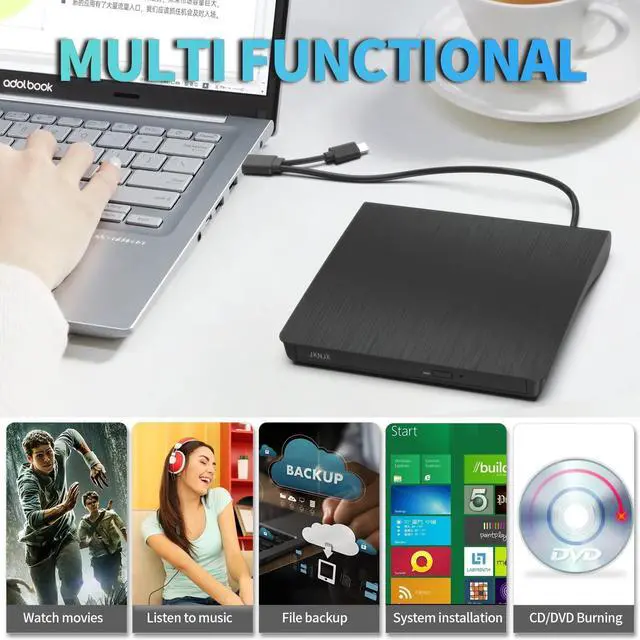 JKNJX External DVD Drive,USB 3.0 and Type-C CD DVD Disc Reader Writer ...