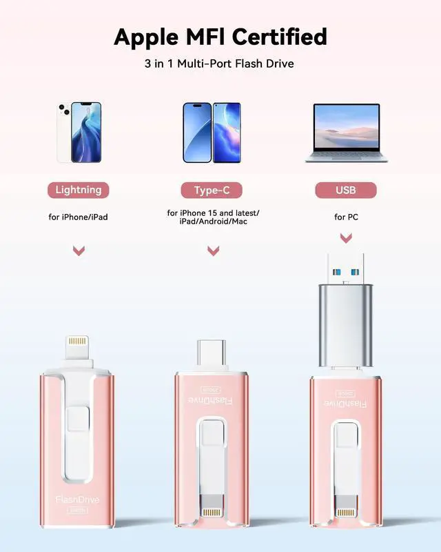 MFi Certified 256GB Flash Drive for iPhone, 3 in 1 Type-C USB Memory ...
