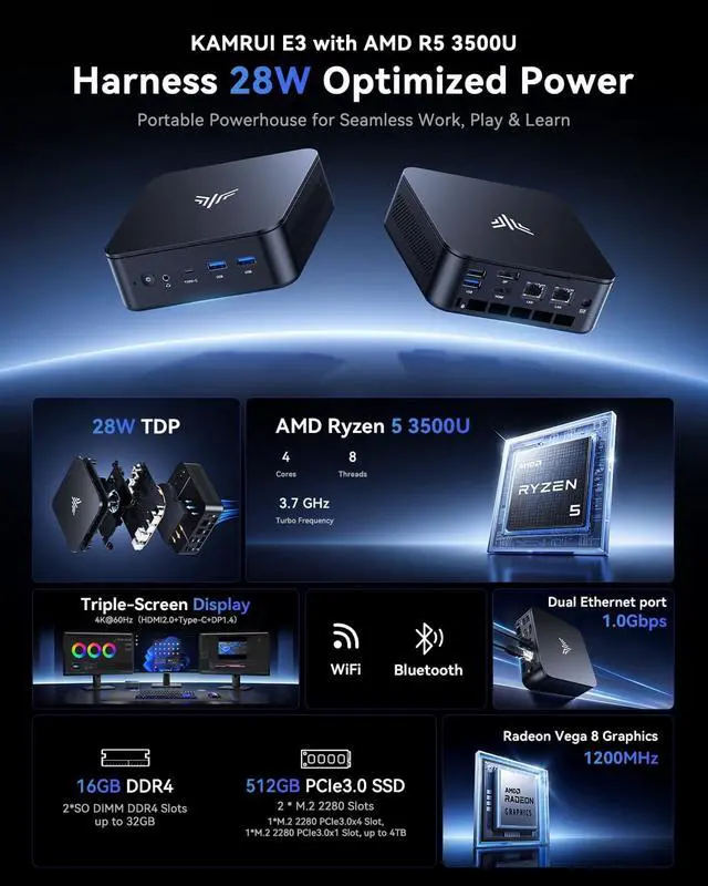 KAMRUI E3 Mini PC, W-11 Pro Ryzen 3500U Mini Computers (Beat N150/N97 ...