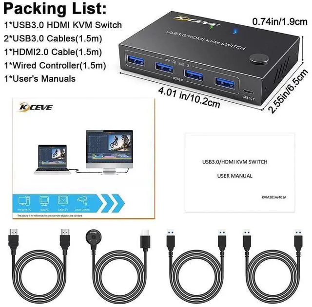 KVM Switch HDMI 2 Port, USB 3.0 HDMI KVM Switcher Selector Box 2 in 1 ...