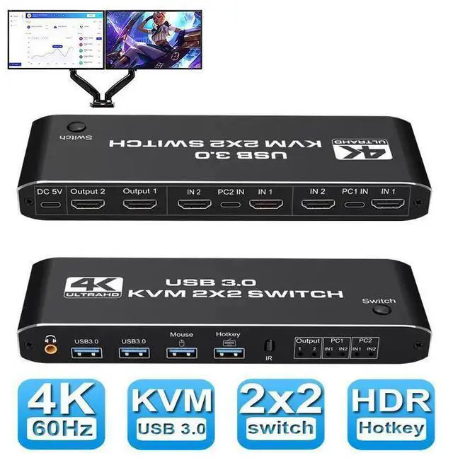 2 Port Dual Monitor 4K HDMI KVM Switch, 2x2 HDMI USB 3.0 KVM Switch 2 ...