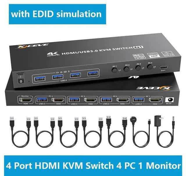 HDMI KVM Switch 4 Computers 4K@60Hz 2K@120Hz, Simulation EDID, 4 Port ...