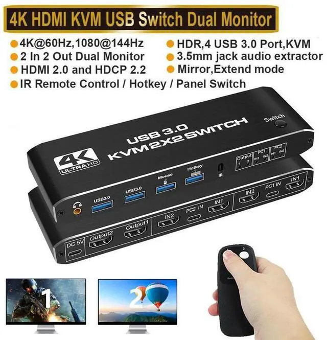 4K@60Hz HDMI KVM Switch 2 in 2 Out, 2 Port Dual Monitor HDMI KVM Switch ...