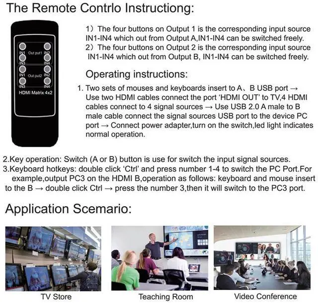 4 Port USB HDMI KVM Matrix 4x2 Dual Monitor 4K @60Hz HDR Switch ...