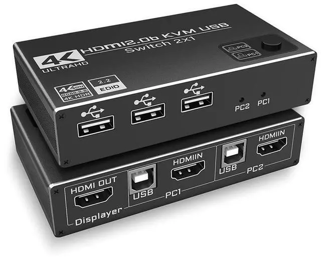 2 Port HDMI KVM Switch, USB HDMI Switch 4K, with 3x USB 2.0 Hub, 4K ...