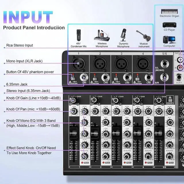 6 Channel Audio Interface Sound Board Mixing Console 16-Bit DSP DJ ...