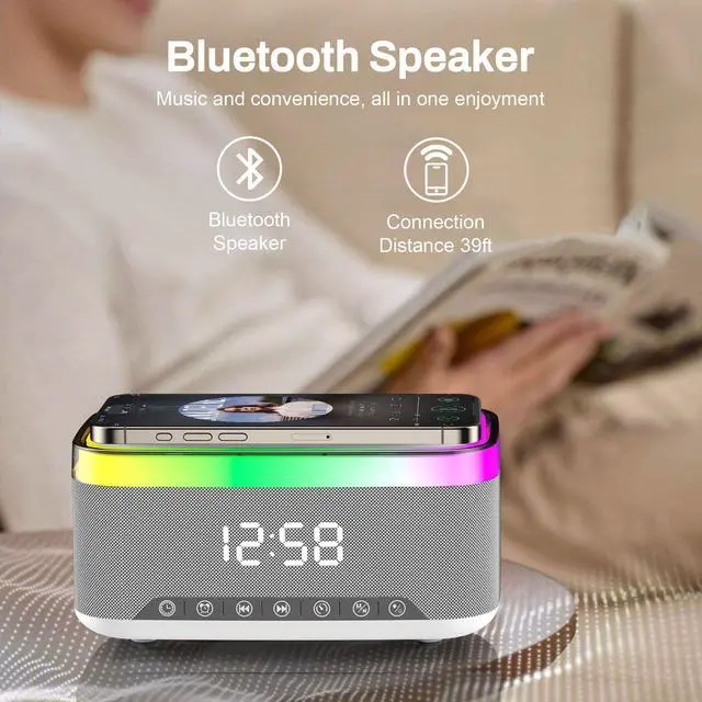 JVFYI Modern Desk LED Alarm Clock with Wireless Charging & Bluetooth ...