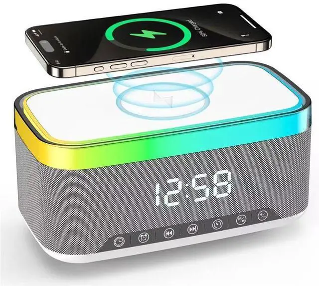 JVFYI Modern Desk LED Alarm Clock with Wireless Charging & Bluetooth ...