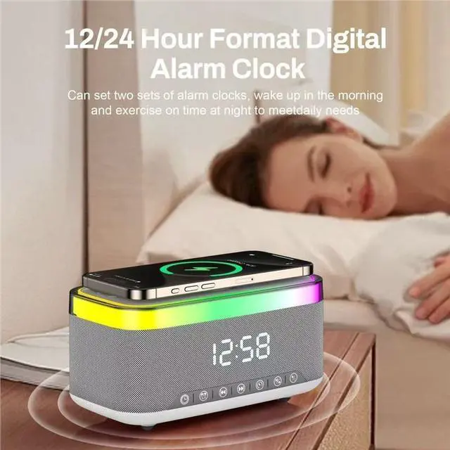 JVFYI Modern Desk LED Alarm Clock with Wireless Charging & Bluetooth ...