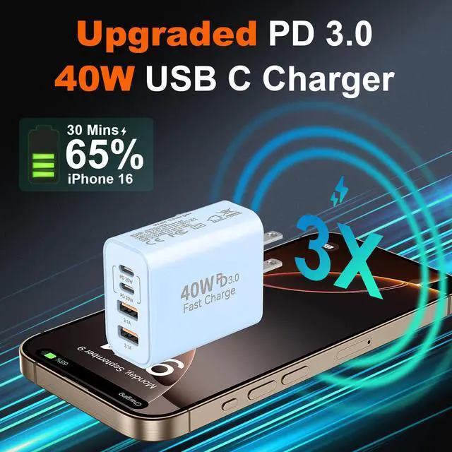USB C Fast Charger Block,40W 4Port iPhone 17 Type C Charger Fast ...