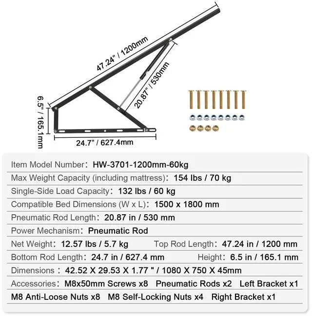 VEVOR Bed Lift 59x71 in Compatible Bed Size 154 lbs Load DIY Wall Bed ...
