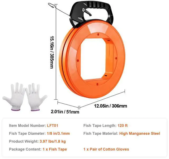 Fish Tape Wire Cable Line Puller 120ft 1/8 in Steel with High Plastic ...