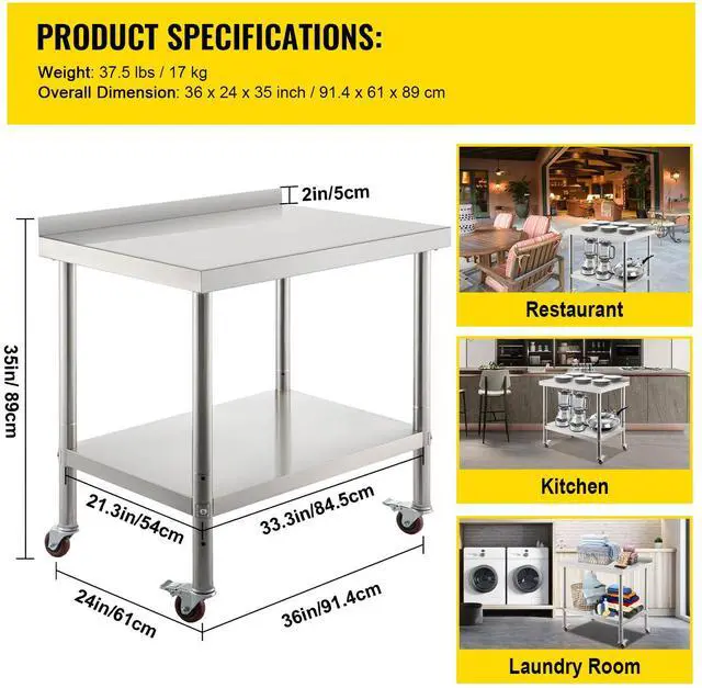 VEVOR Stainless Steel Prep Table, 36 x 24 x 35 Inch, 440lbs Load ...