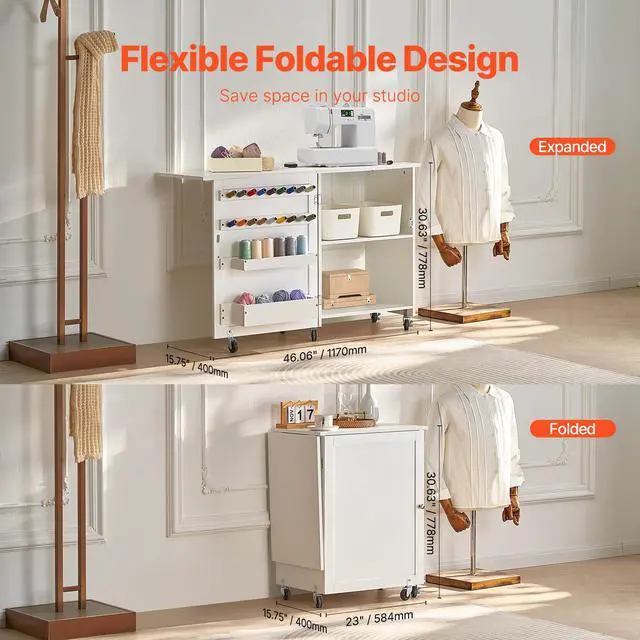 Folding Sewing Table with Lockable Wheels Storage Shelves Trays Door ...