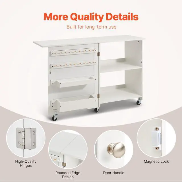 Folding Sewing Table with Lockable Wheels Storage Shelves Trays Door ...